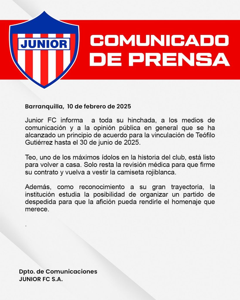Alejandro Char anuncia el regreso de Teófilo Gutiérrez al Junior en 2025